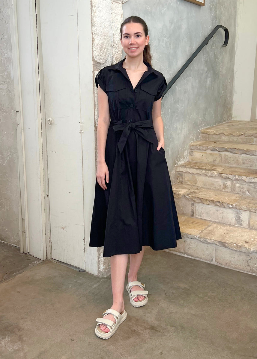 Kayla Cap Sleeve Belted Utility Midi Dress in Black | European décor ...